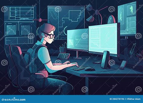 Illustration Of A Man Working At The Computer In The Office Nerdy Boy