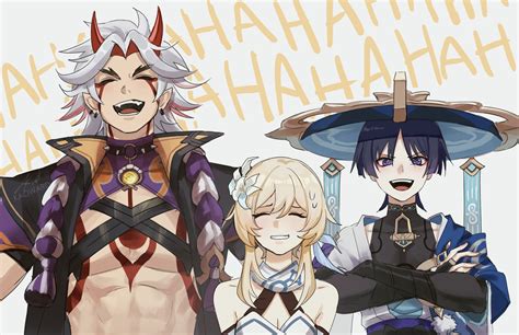 Lumine Scaramouche Wanderer And Arataki Itto Genshin Impact Drawn