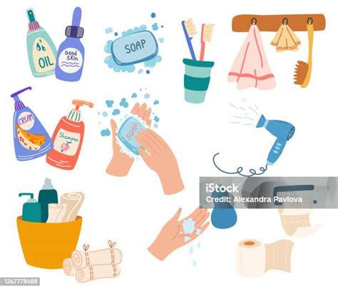 욕실 액세서리 수건 샴푸 크림 오일 칫솔 비누 헤어 드라이어 및 화장지 개인 위생 및 일상적인 바디 케어 욕실 요소 만화 플랫 벡터 일러스트레이션 가구에 대한 스톡 벡터