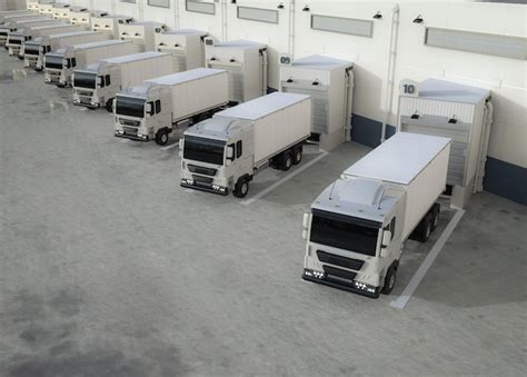 창고에 있는 물류 트레일러 트럭 또는 트럭 그룹 프리미엄 사진