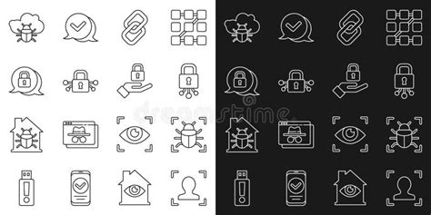 Set Line Face Recognition System Bug Cyber Security Chain Link Cloud And Lock Hand Icon