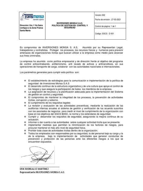 001 Politica De Gestion En Control Y Seguridad Sgcs D 001 Pdf