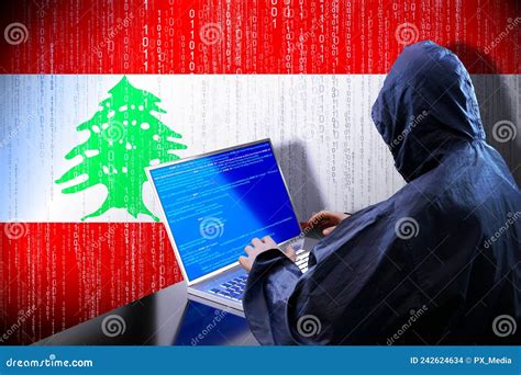 Anonymous Hooded Hacker Flag Of Lebanon Binary Code Cyber Attack