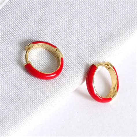 18 K Gold Plated Red Enamel Huggie Hoop Earrings By 12 Casa Cala
