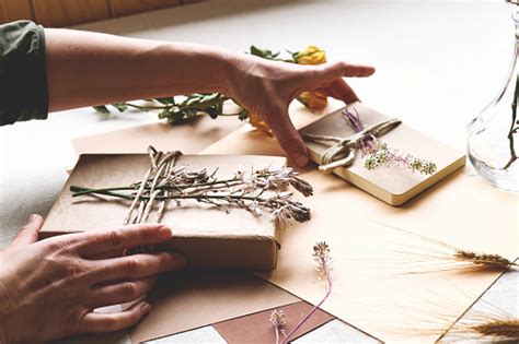 여자는 제로 폐기물 플라스틱 무료 트렌디 한 손으로 만든 선물 패키지를 공예 재활용 종이와 린넨 식탁보와 테이블에 말린 꽃 천연 에스테틱 가을에 대한 스톡 사진 및 기타