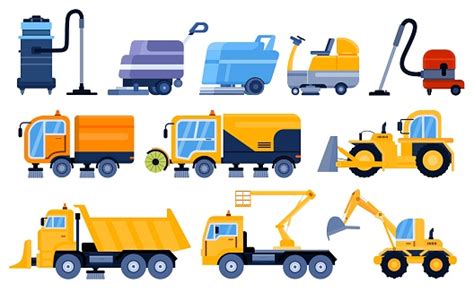 도시 거리 청소 장비 진공 청소기 청소 및 세탁기 기계 도로 아스팔트 청소기 차량 시립 정리 서비스 벡터 세트 거리에 대한 스톡