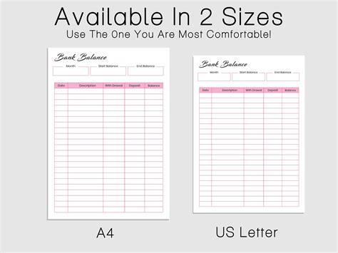 Printable Bank Balance Bank Balance Printable Bank Account Log Savings Account Transactions