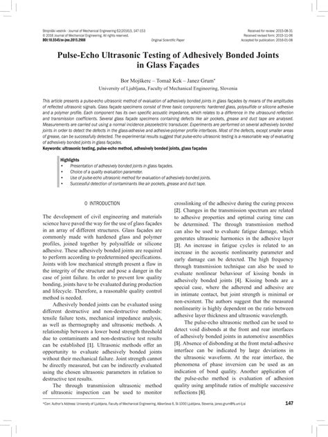 Pdf Pulse Echo Ultrasonic Testing Of Adhesively Bonded Joints In