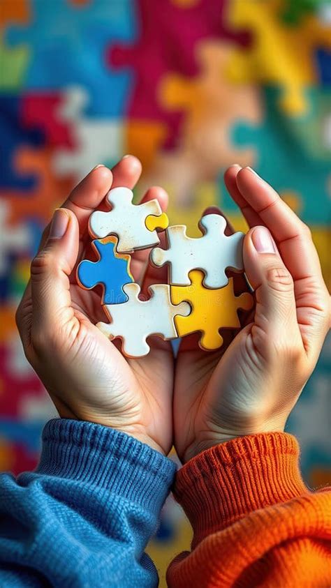 Hands Holding Colorful Puzzle Pieces Concept Of Teamwork And Connection Stock Image Image Of