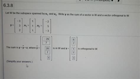 solved 6 3 8 let w be the subspace spanned by u and u