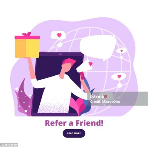 메가폰을 가진 남자는 추천 선물을 제공합니다 디지털 마케팅 및 추천 프로그램 벡터 배너 개념에 대한 스톡 벡터 아트 및 기타 이미지 개념 그래픽 사용자 인터페이스