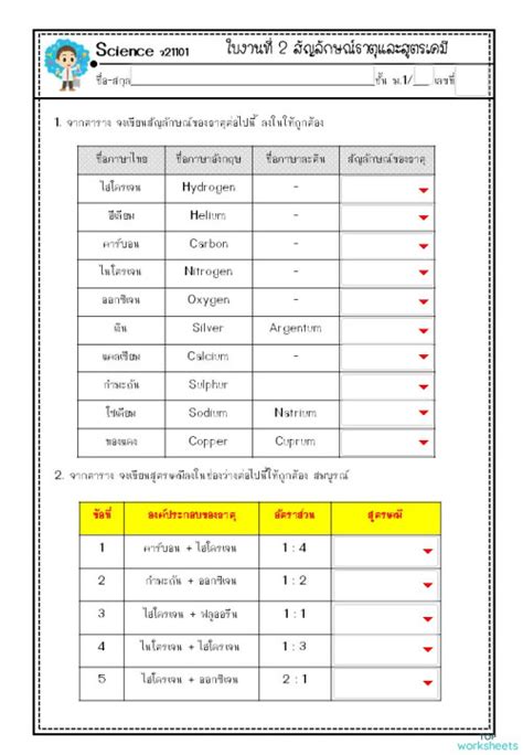 ใบงานสัญลักษณ์ธาตุและสูตรเคมี ใบงานเชิงโต้ตอบ Topworksheets