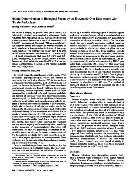 Pdf Nitrate Determination In Biological Fluids By Enzymatic One Step Assay With Nitrate Reductase