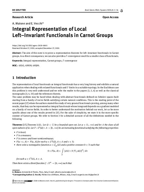 Pdf Integral Representation Of Local Leftinvariant Functionals In