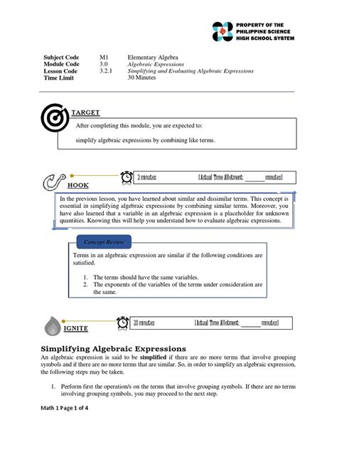 simplifying and evaluating algebraic expressions pdf variable