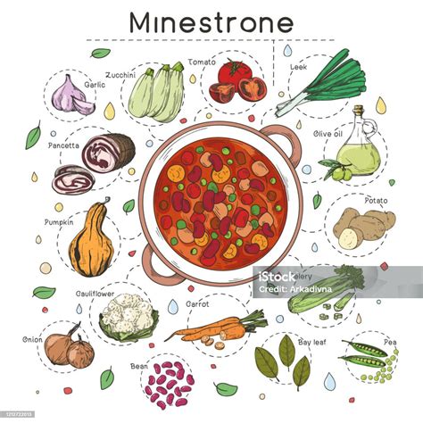 이탈리아 요리 수프 조리법 미네스트론 흰색 배경에 고립 된 수프와 다른 재료로 접시 벡터 일러스트레이션 미네스트로네 수프에 대한 스톡 벡터 아트 및 기타 이미지 Istock