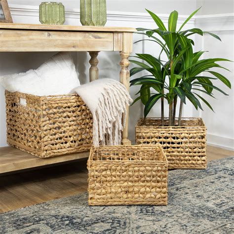 Set Of 3 Diamond Weave Rectangular Water Hyacinth Baskets With Handles