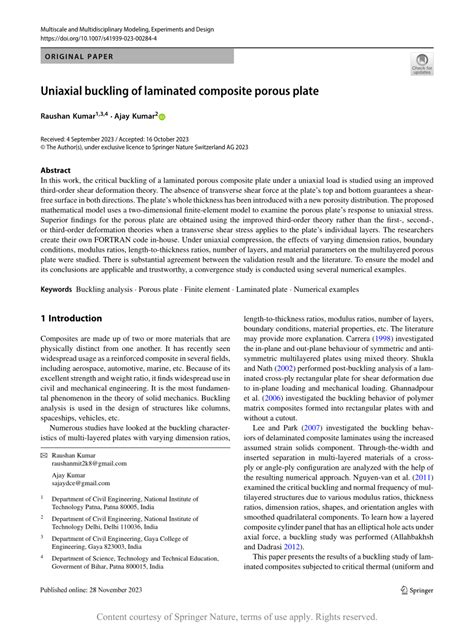 Uniaxial Buckling Of Laminated Composite Porous Plate Request Pdf