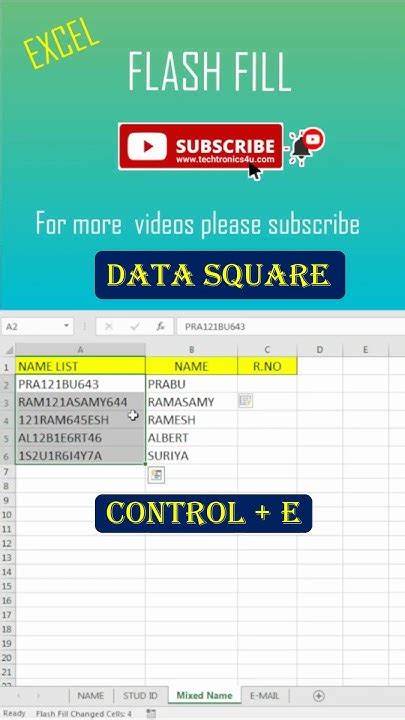 Flash Fill Function In Excel Data Square Dataanalysis Excel Youtube