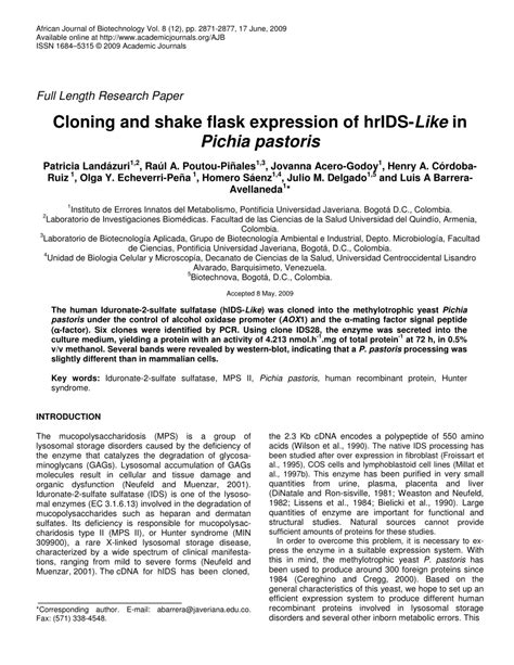 Pdf Cloning And Shake Flask Expression Of Hrids Like In Pichia Pastoris