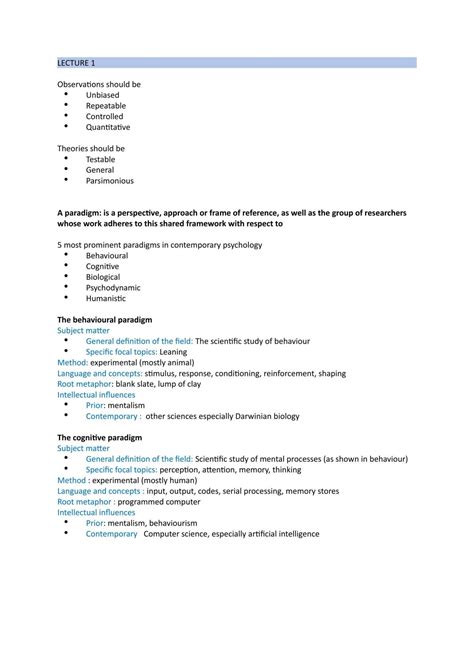 Psyc1020 Full Lecture Notes Psyc1020 Introduction To Psychology Minds Brains And Behaviour