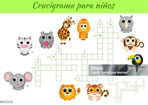 아이들을위한 크로스 워드 퍼즐 사진과 크로스 워드 퍼즐 게임 아이 활동 워크 시트 다채로운 인쇄 버전입니다 학습 스페인어 단어에