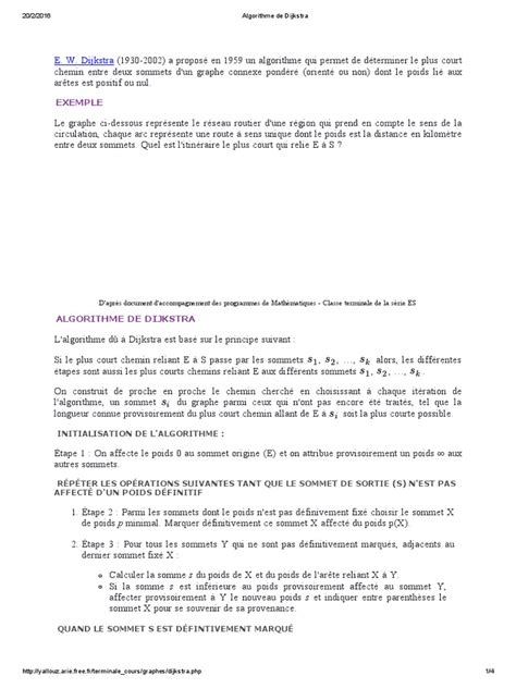 Algorithme De Dijkstra Exemple Pdf Informatique Théorique