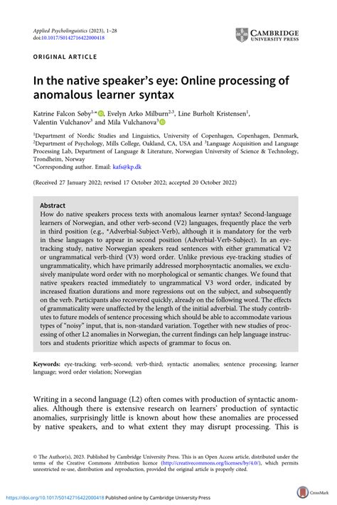 Pdf In The Native Speakers Eye Online Processing Of Anomalous Learner Syntax