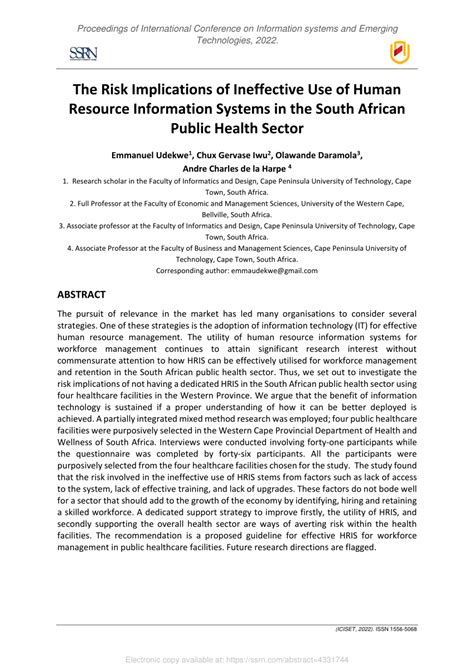 Pdf The Risk Implications Of Ineffective Use Of Human Resource Information Systems In The