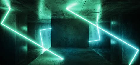 네온 빛나는 푸른 녹색 사이버 현대 외계인 우주선 공상 과학 Fi 미래 지향적 인 사각형 빛나는 빛 연기와 안개 어두운 콘크리트 그런 지 빈 방 3d 렌더링 0명에 대한