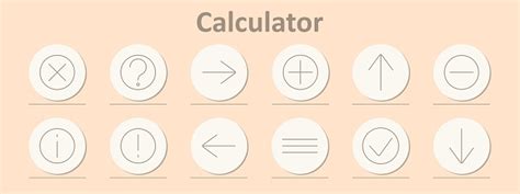 계산기 아이콘 세트 산술 기호 더하기 빼기 곱하기 나누기 같음 정보 질문 확인 표시 화살표 방향 베이지색 배경에 선 아이콘 0