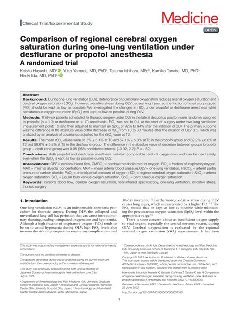 Pdf Comparison Of Regional Cerebral Oxygen Saturation During One Lung Ventilation Under