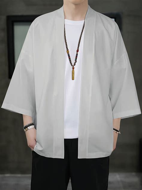 Kkboxly Solid Color Mens Retro Loose Kimono Shirt Summer Spring Fall Rose Red S36