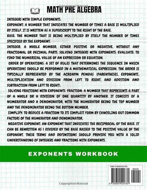 Math Prealgebra Exponents Workbook Math Skills Of Middle School