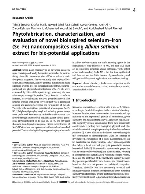 Pdf Phytofabrication Characterization And Evaluation Of Novel Bioinspired Seleniumiron Se