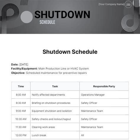free shutdown schedule template to edit online