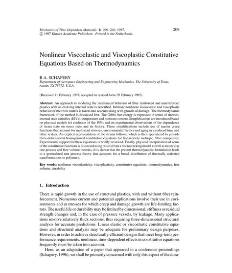 Pdf Nonlinear Viscoelastic And Viscoplastic Constitutive Equations Based On Thermodynamics