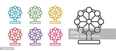 흰색 배경에 격리 된 세트 라인 관람수 아이콘 유원지 어린이 엔터테인먼트 놀이터 레크리에이션 공원 다채로운 아이콘을 설정합니다 벡터 Carnival에 대한 스톡 벡터 아트