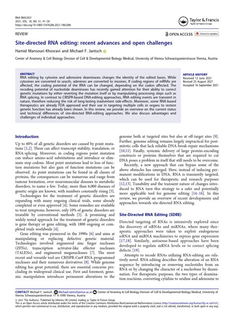 Site Directed Rna Editing Recent Advances And Open Challenges Pdf