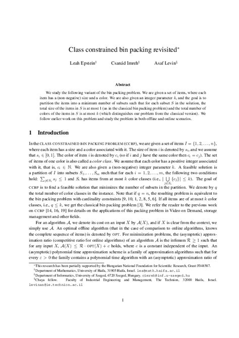 Pdf Class Constrained Bin Packing Revisited