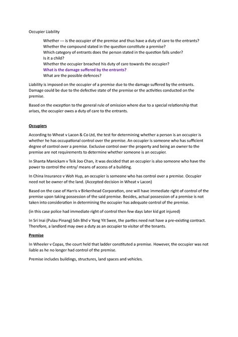 Occupier Notes Occupier Liability Whether Is The Occupier Of The