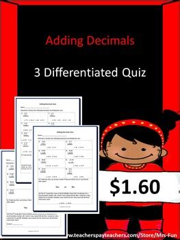Differentiated Adding Decimals 10 Question Quiz By Worksheet Central
