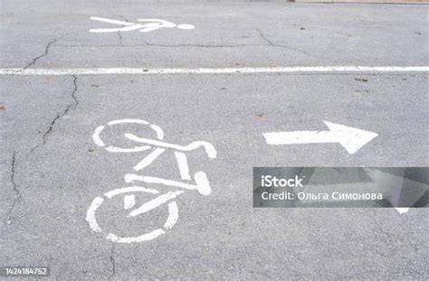 승마 차선에있는 공원에있는 자전거 도로의 도로 표시 보행자를위한 보도와 자전거 타는 사람을위한 차선 도로 안전 활동적인