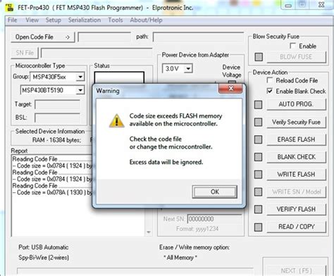 MSP BSL Error While Flashing Code Size Exceeds FLASH Memory MSP Low Power Microcontroller