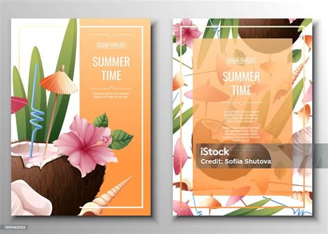 해변 코코넛 칵테일과 히비스커스 꽃이 있는 전단지 템플릿 세트 열대 휴가 여름 방학 배너 해변 음료가 있는 포스터 A4 크기 0명에 대한 스톡 벡터 아트 및 기타 이미지