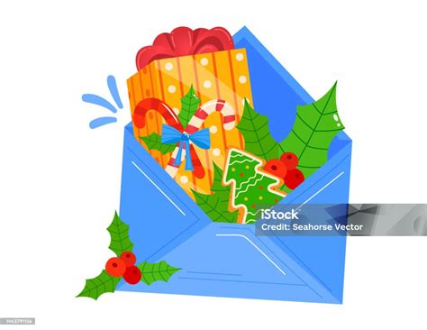 산타 클로스 벡터 삽화에 크리스마스 손으로 쓴 소원 편지입니다 크리스마스 이브 장식이 있는 우편 봉투를 엽니다 흰색 배경에 격리된 북극 벡터 그림에 대한 전통적인 메일