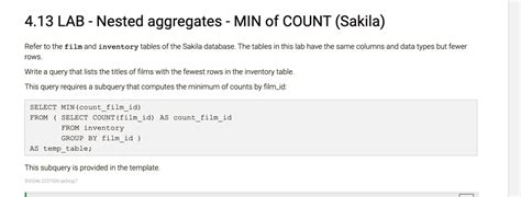 4 13 LAB Nested Aggregates MIN Of COUNT Sakila Refer To The Film