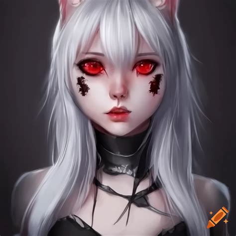 Realistic Anime White And Black Furry Girl With Red Eyes On Craiyon