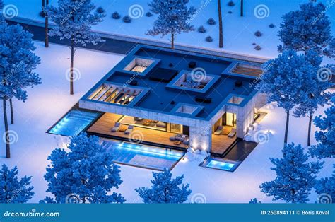 3d Rendering Of New Concrete House In Modern Style In Winter Night