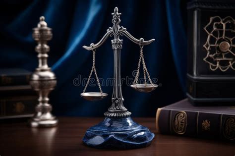Close Up Of Judge Scale Scales Of Justice In The Dark Court Hall Stock